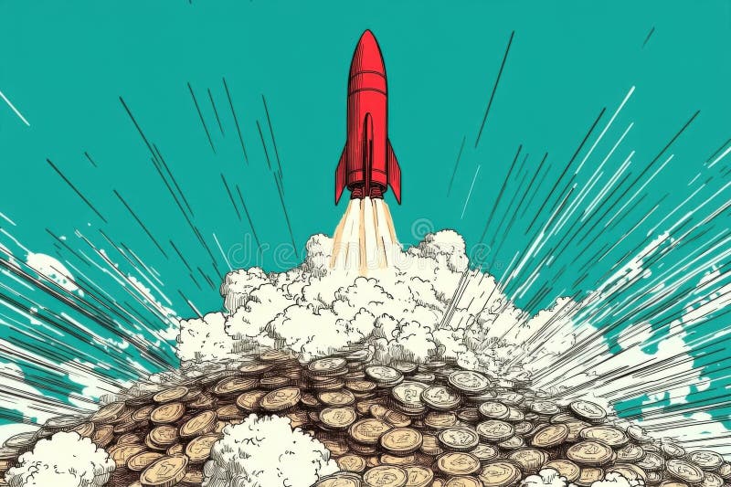 Minimalist Rocket Launch Over a Pile of Coins Symbolizing Financial ...