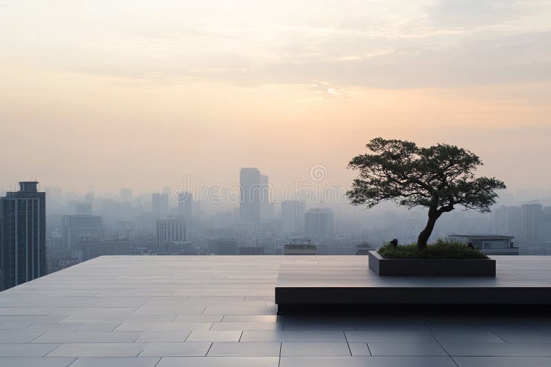 A Minimalist Rooftop Garden with a Single Potted Tree Overlooking the ...
