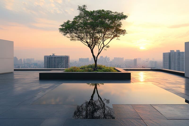 A Minimalist Rooftop Garden with a Single Potted Tree Overlooking the ...