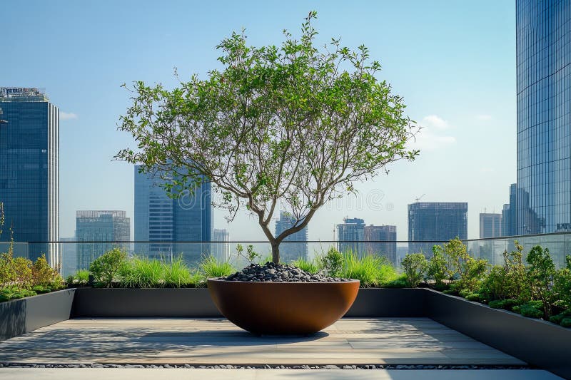 A Minimalist Rooftop Garden with a Single Potted Tree Overlooking the ...