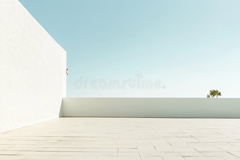 Minimalist Rooftop with White Wall and a Single Tree Stock Illustration ...