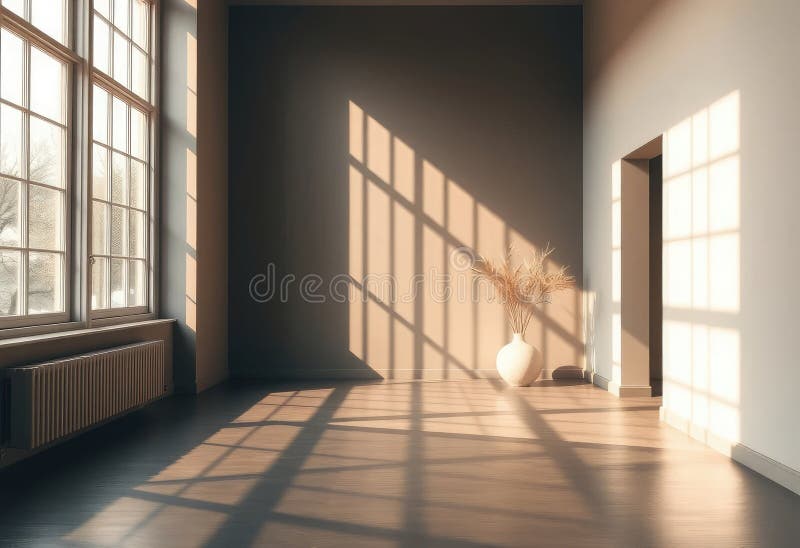 A Minimalist Room Bathed in Warm Sunlight Streaming Stock Illustration ...