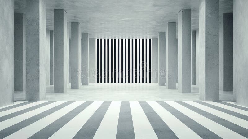 A Minimalist Room with a Black and White Striped Wall and Gray Columns ...