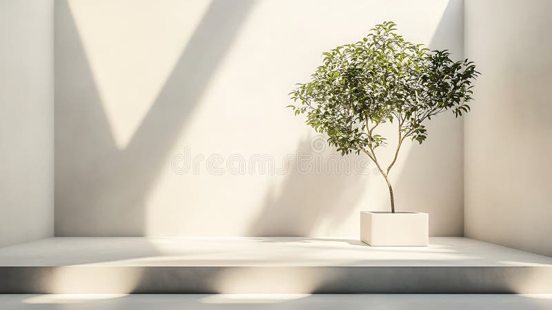 Minimalist Room Featuring a Small Potted Tree Stock Illustration ...