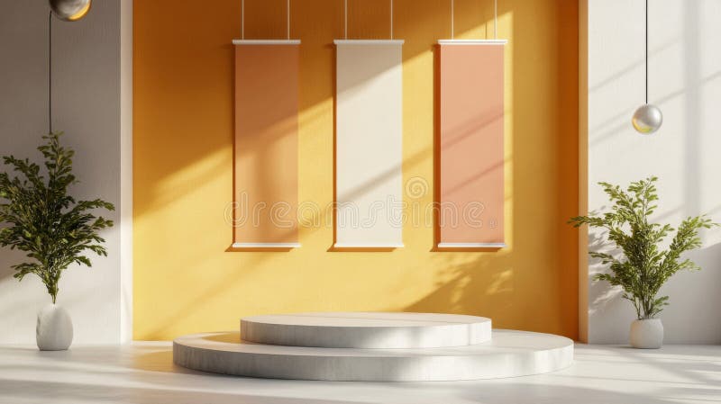 Minimalist Room Interior with White Platform and Hanging Banners Stock ...