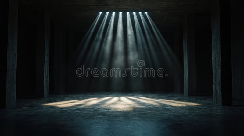 A Minimalist Room Shrouded in Darkness, Where Intense Beams of Light Pierce through the Ceiling ...
