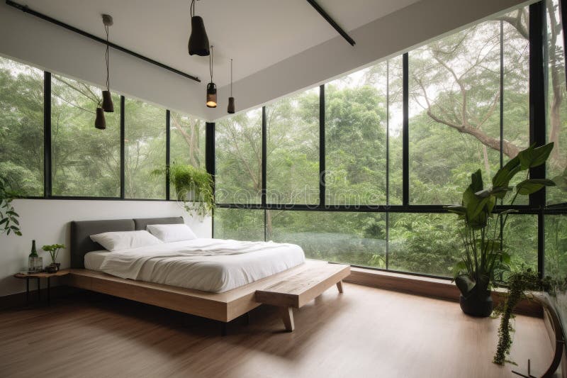 Minimalist Room, with View of Lush Gardens and Greenery Stock ...