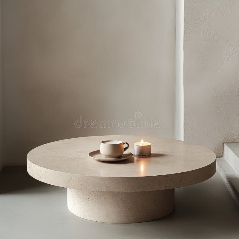 Minimalist Round Coffee Table with Ceramic Cup and Candle in a Modern ...