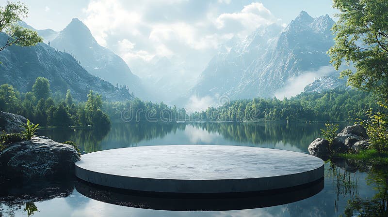 A Minimalist Round Platform with Reflections on the Water Surface Stock Illustration ...