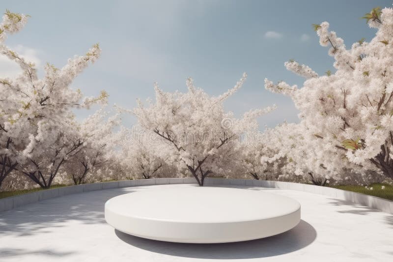Minimalist Round Podium Surrounded by Blooming Cherry Trees in ...