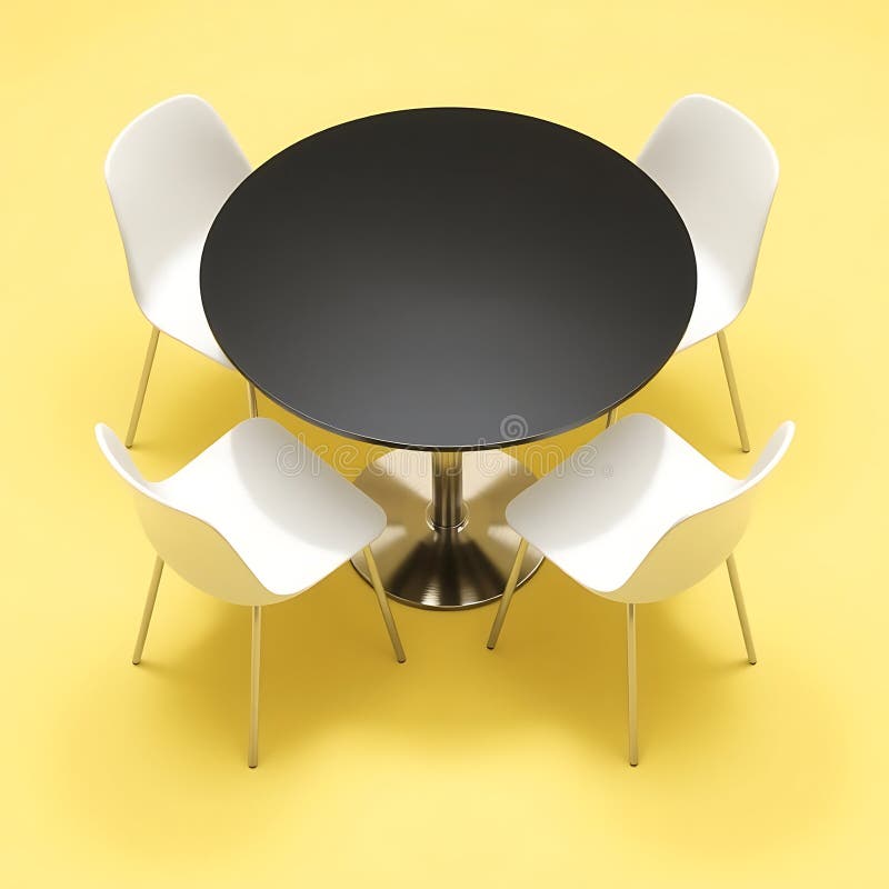 A Minimalist Round Table with a Black Top and White Chairs, Set on ...