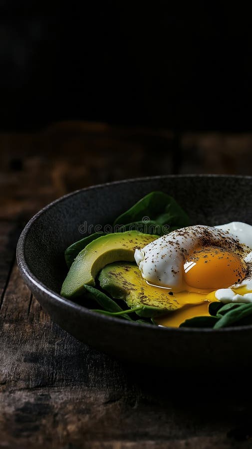 Rustic Breakfast Bowl with Poached Egg, Avocado, and Fresh Spinach ...