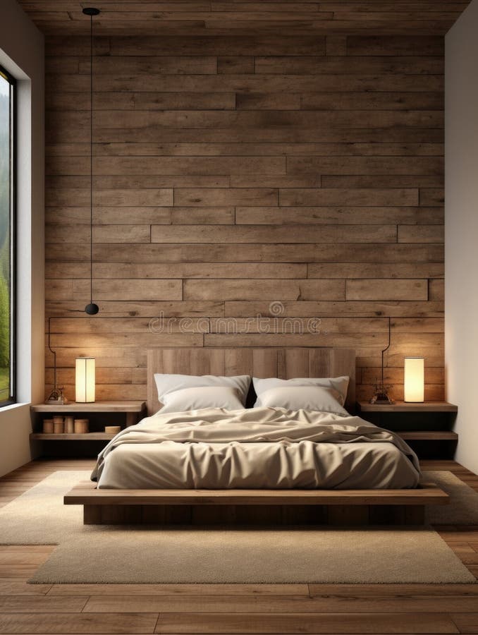 Rustic Interior Design of Modern Bedroom with Solid Wood Log Bed and ...