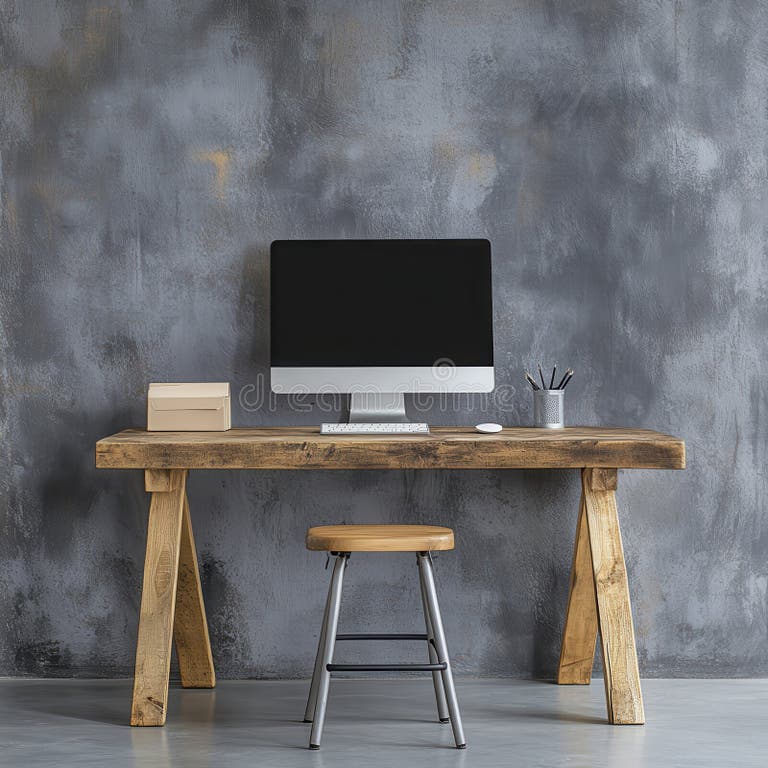 Minimalist Rustic Wooden Desk with Computer and Stool Stock ...