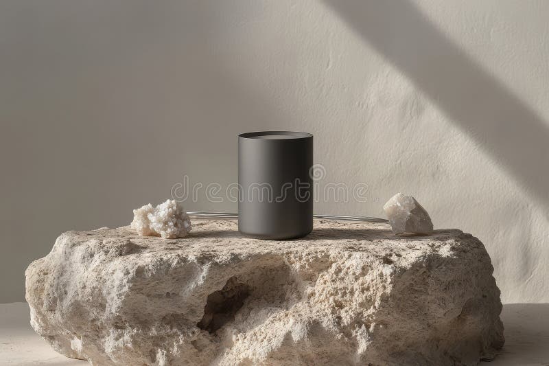 A Minimalist Scene Featuring a Black Container on a Textured Stone ...
