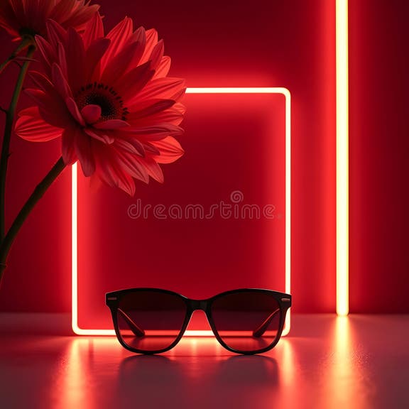 Neon Glow: Crimson Flower Backdrop Frames Stylish Sunglasses Stock ...