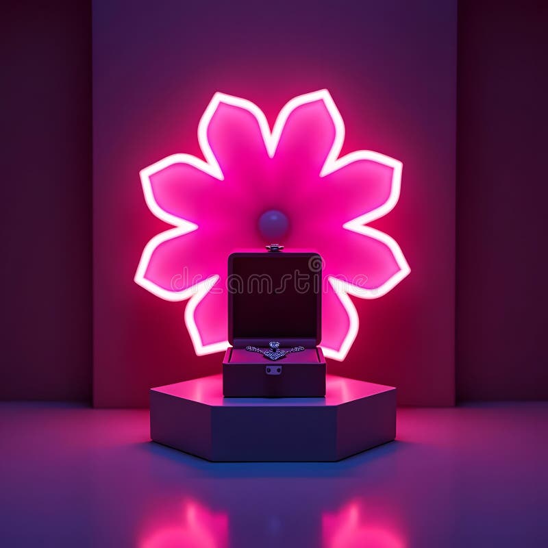 Neon Illuminated Magenta Flower Backdrop and Octagonal Base Jewelry Box ...