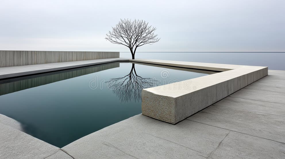 A Minimalist Scene Featuring a Rectangular, Reflective Water Pool ...