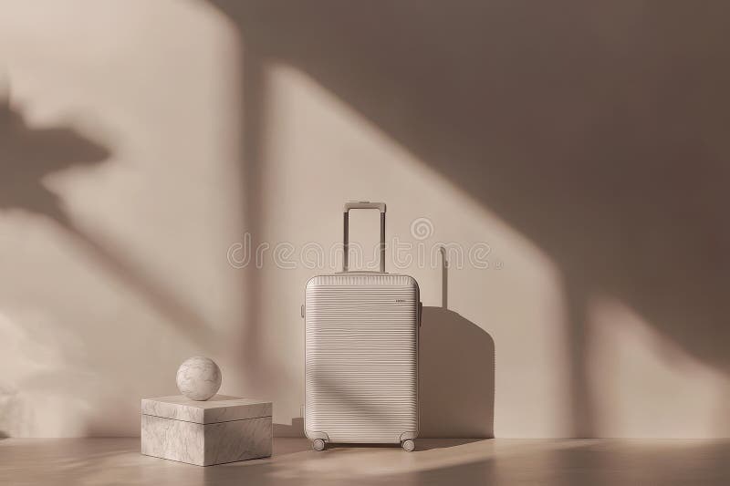A Minimalist Scene Featuring a Suitcase and a Decorative Sphere on a ...