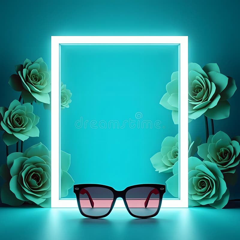 Neon Glow: Modern Turquoise Flower Frame with Stylish Sunglasses Stock ...
