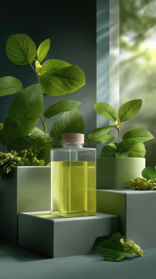 Minimalist Scene of Natural Elixir on Geometric Platforms with Greenery ...