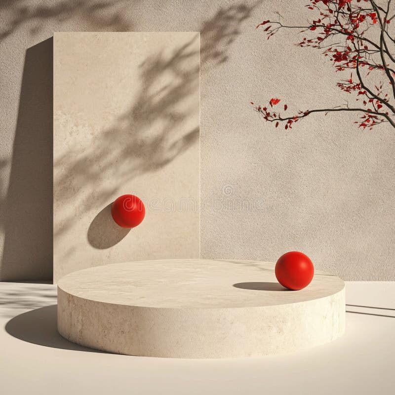 Minimalist Scene with Red Spheres and Tree Shadows on Beige Platform ...