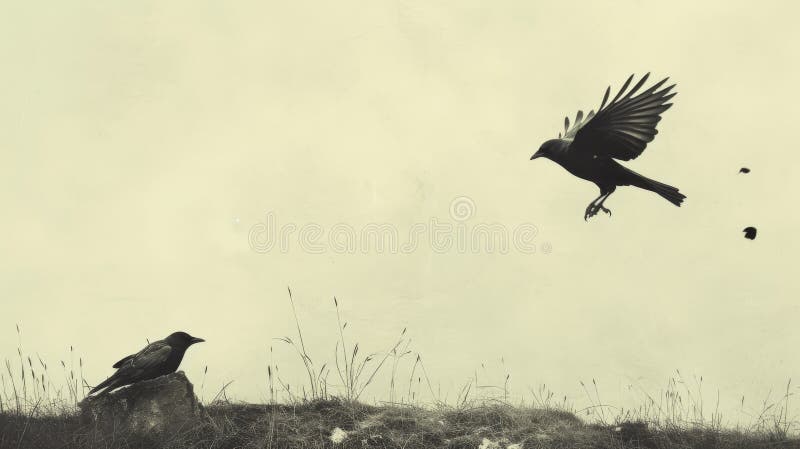 Minimalist Scene of Two Crows in Flight and Perched on a Grassy Hill ...