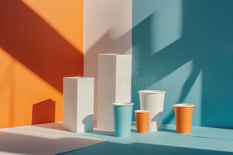 Minimalist Scene with White Paper Cups on Vibrant White, Orange, and ...