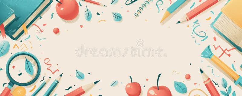 Minimalist School Banner with Soft-Colored Educational Illustrations on ...