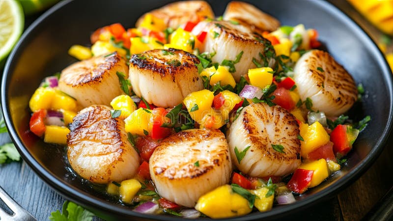 Minimalist Seafood Dish with Fresh Scallops and Mango Salsa. Stock ...