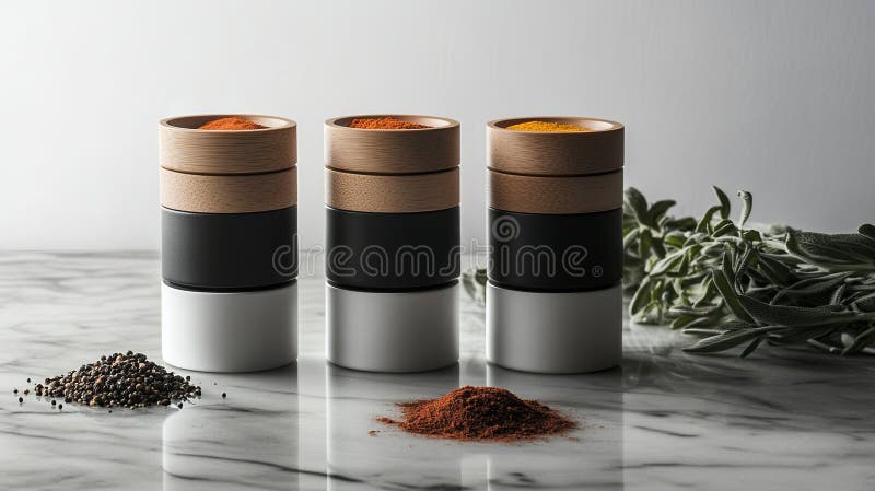A Minimalist Set of Stackable Spice Containers Styled on a Marble Stock ...