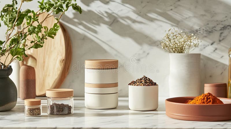 A Minimalist Set of Stackable Spice Containers Styled on a Marble Stock ...