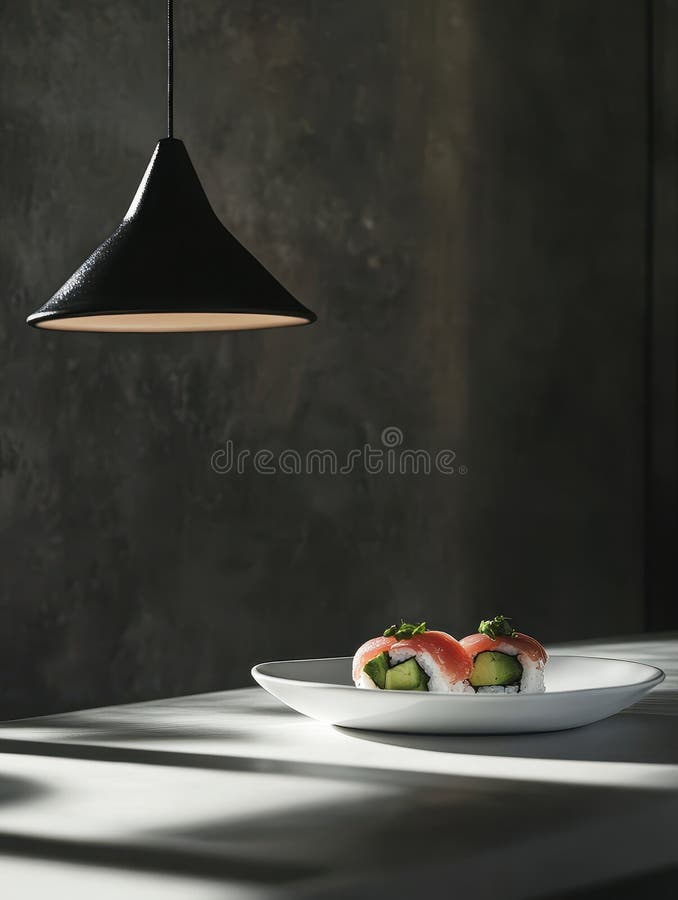 A Minimalist Setting Featuring Sushi on a Plate Under a Pendant Light ...
