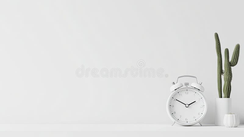 A Minimalist Setting Shows an Alarm Clock and a Cactus on a White Table ...