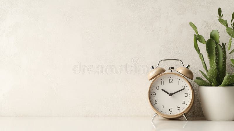 A Minimalist Setting Shows an Alarm Clock and a Cactus on a White Table ...