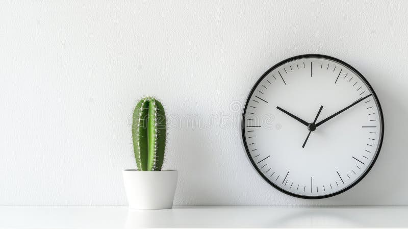 A Minimalist Setting Shows an Alarm Clock and a Cactus on a White Table ...