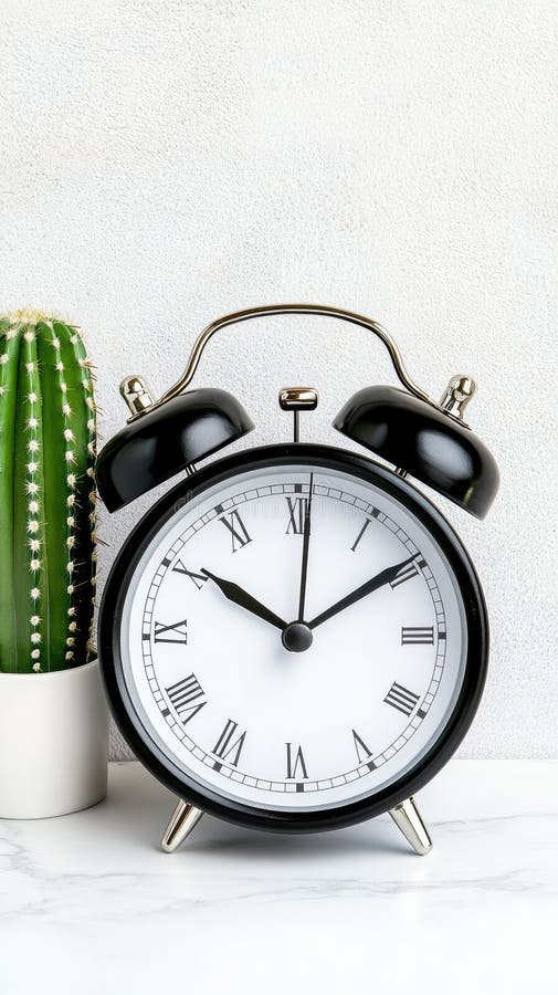 A Minimalist Setting Shows an Alarm Clock and a Cactus on a White Table ...