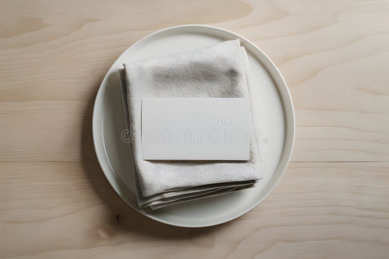Minimalist Setting with White Plate, Folded Cloth and Blank Card Exudes ...