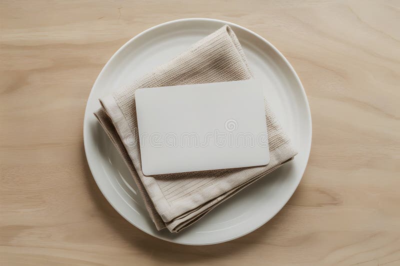 Minimalist Setting with White Plate, Folded Cloth and Blank Card Exudes ...
