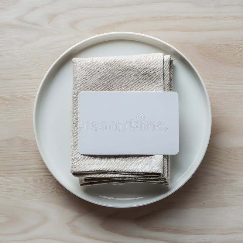 Minimalist Setting with White Plate, Folded Cloth and Blank Card Exudes ...