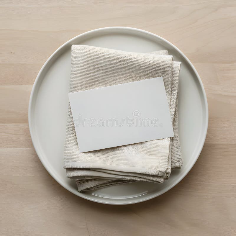 Minimalist Setting with White Plate, Folded Cloth and Blank Card Exudes ...