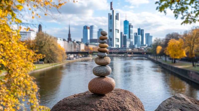 Minimalist Setup of Balanced Rock Towers on a Serene River Stock Photo ...