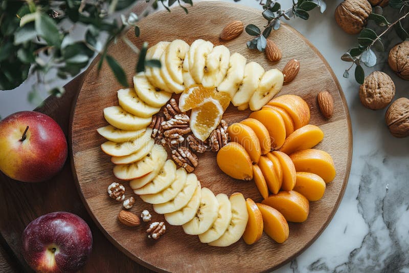 A Minimalist Setup of Sliced Fruit and Nuts Styled on a Wooden Cutting ...