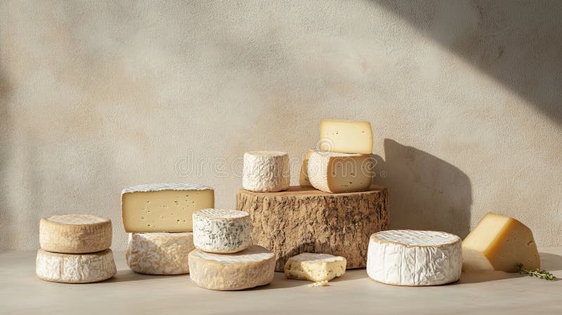 A Minimalist Setup of Small Artisanal Cheese Wheels Styled on a Neutral ...