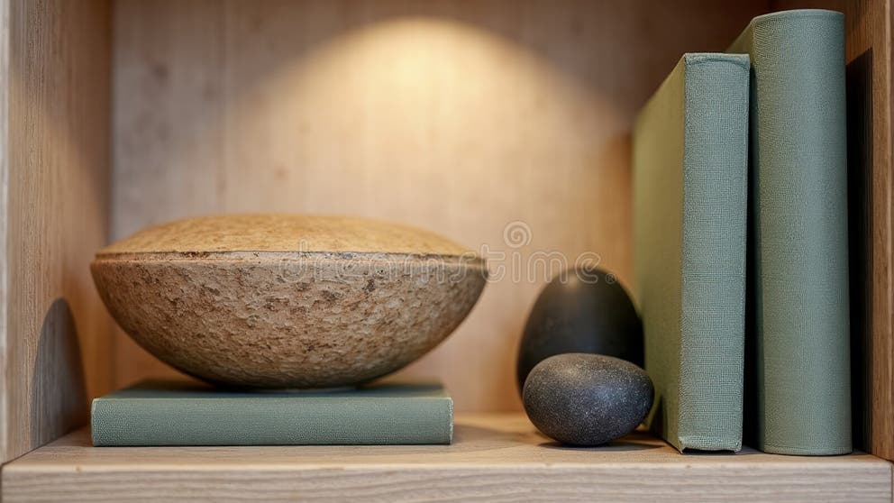Minimalist Shelf Display with Green Books and Decorative Stones Stock ...