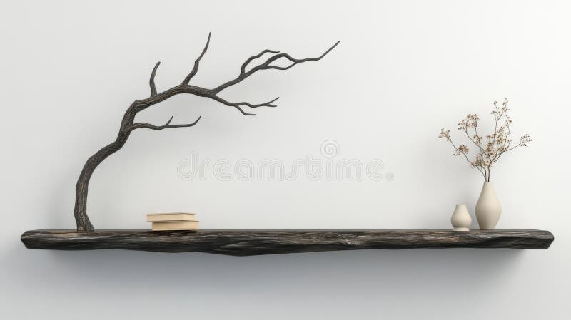 A Minimalist Shelf with a Tree Branch, Books, and Vases. it Evokes a ...