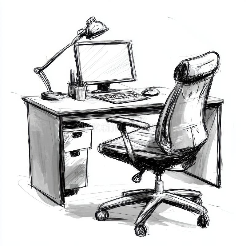 Minimalist Sketch of a Modern Office Desk Setup Stock Illustration ...