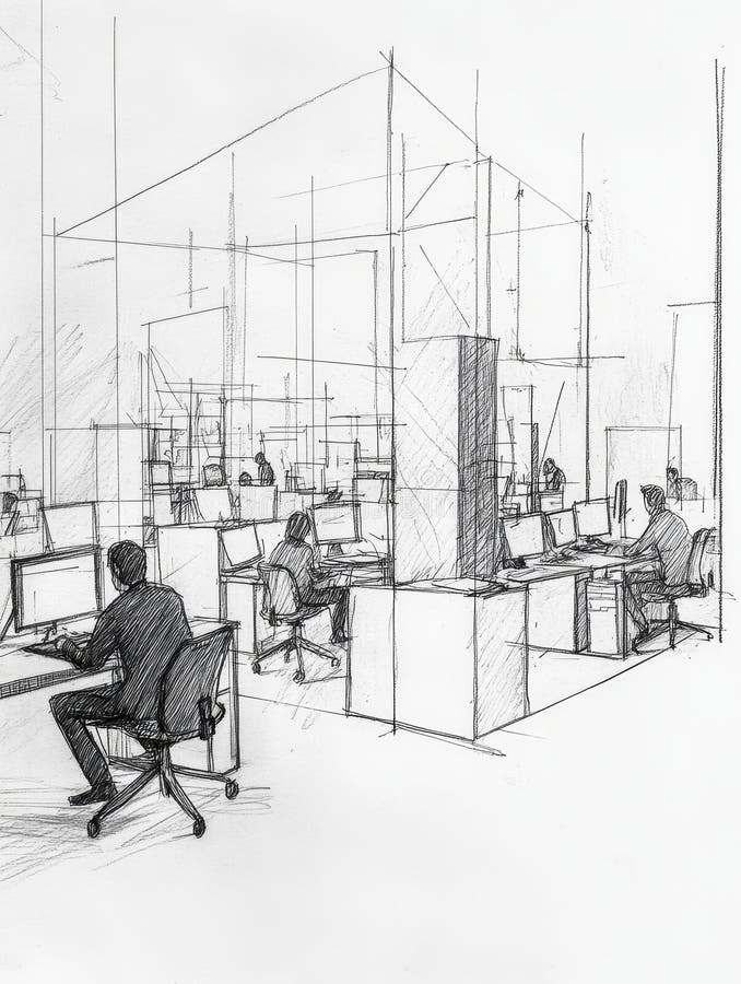A Minimalist Sketch of a Modern Office Workspace Featuring a Single ...
