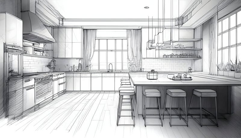 Minimalist Sketch Perspective Interior, Drawing Pen with Pencil Black ...