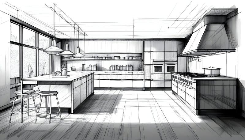 Minimalist Sketch Perspective Interior, Drawing Pen with Pencil Black ...